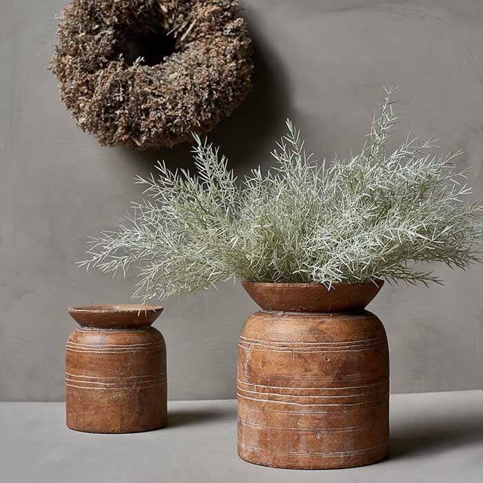 Rustic Clay Vase With Stripe Detail Natural Earthy Brown Painted Wood ...